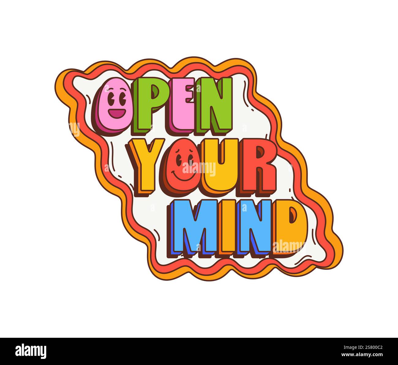 Retro hippie groovy cartoon quote Open Your Mind with funny smiles ...