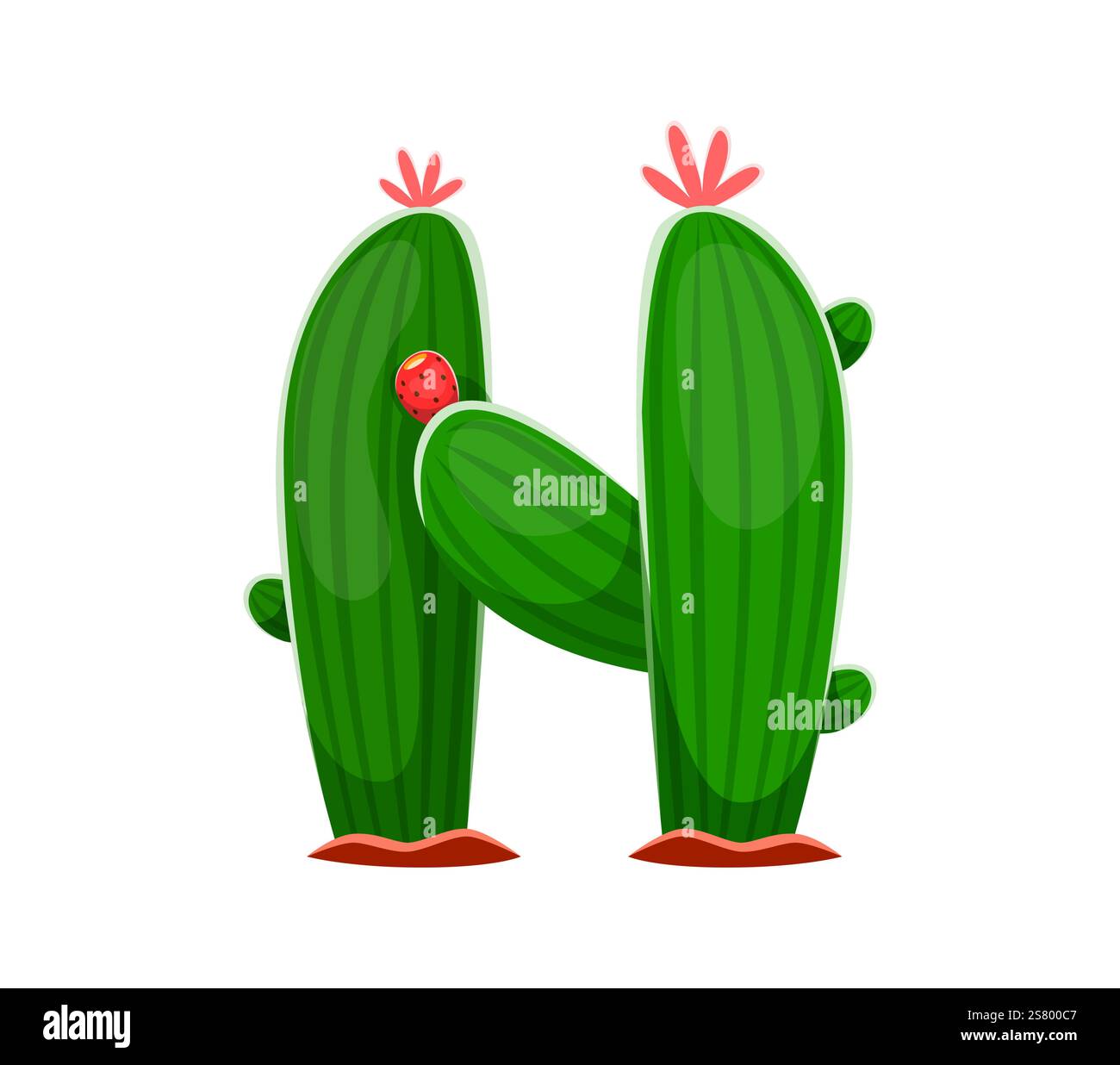 Letter N featuring cartoon cactus plant with thorns, flowers. Playful ...