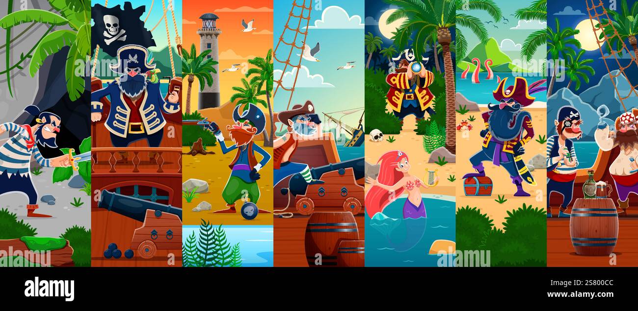 Cartoon pirate and corsair characters collage with maritime scenes. Vector fantasy sailors and ...