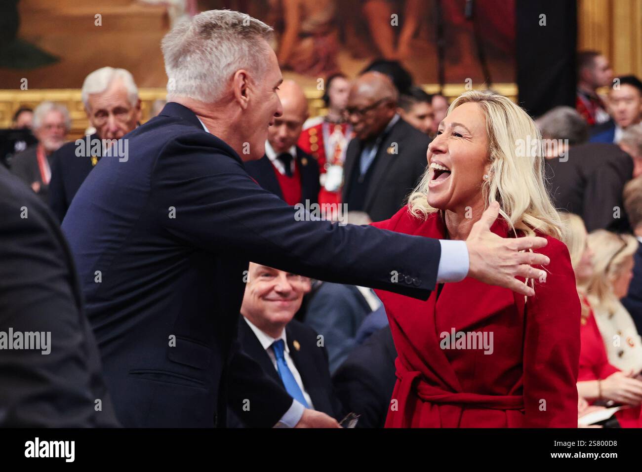 Former Speaker of the House Kevin McCarthy, left, greets Rep. Marjorie ...