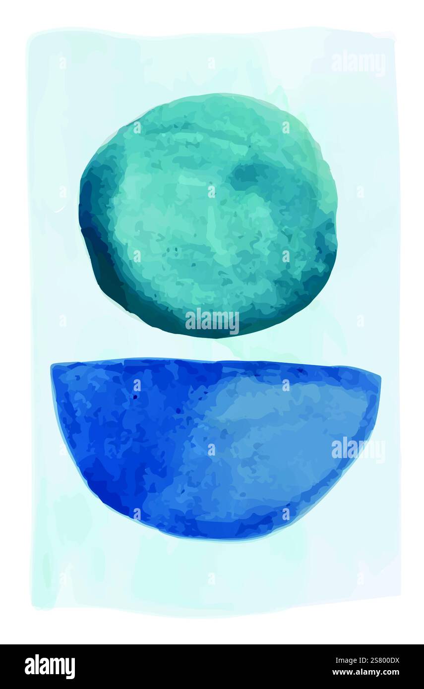 Abstract watercolor painting featuring a turquoise circle and a dark ...