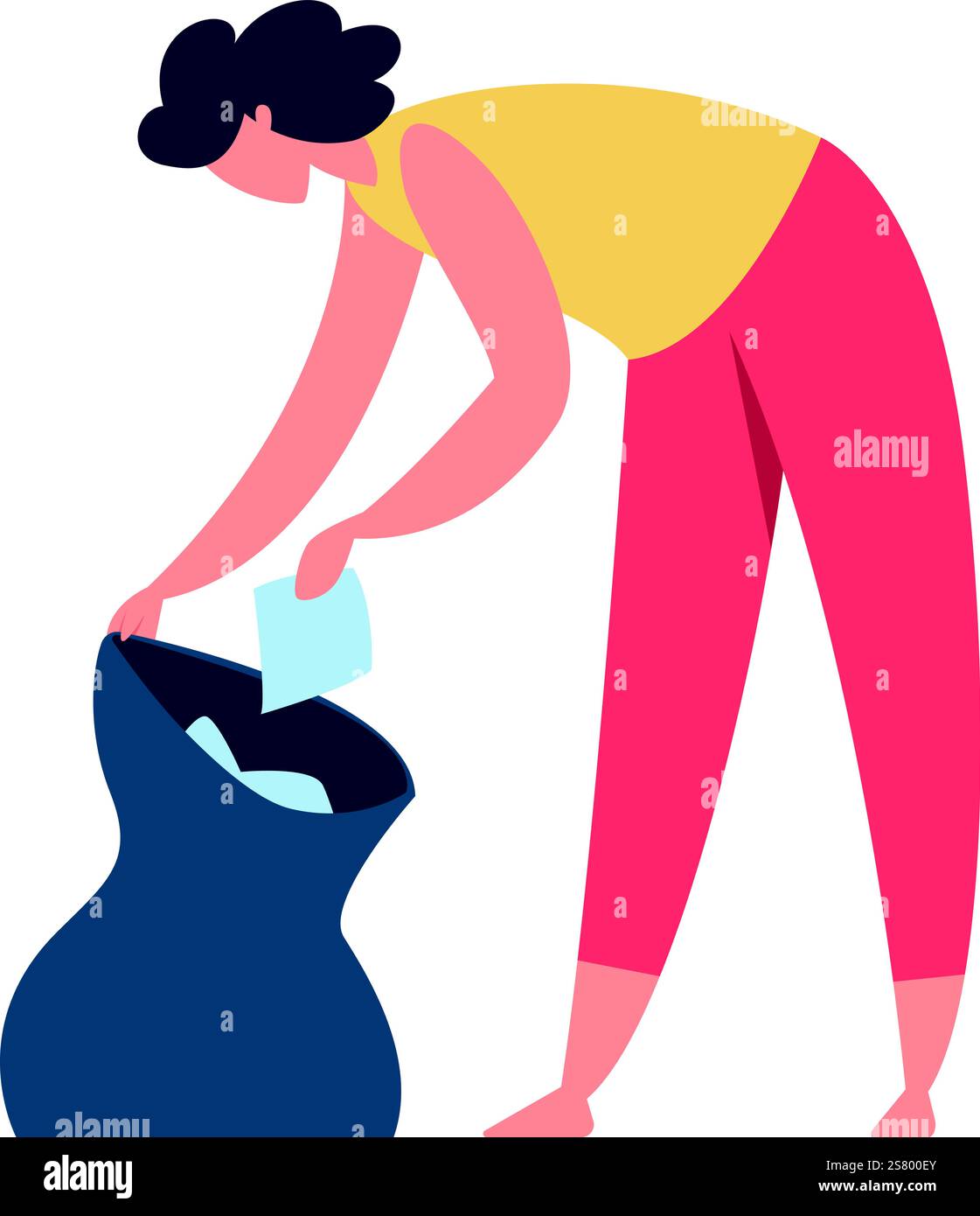 Volunteer collecting paper waste and placing it in a garbage bag ...