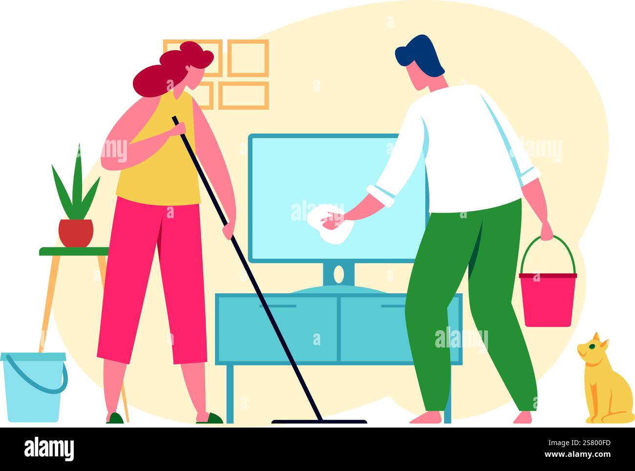 Young couple performing house chores, woman mopping floor and man ...