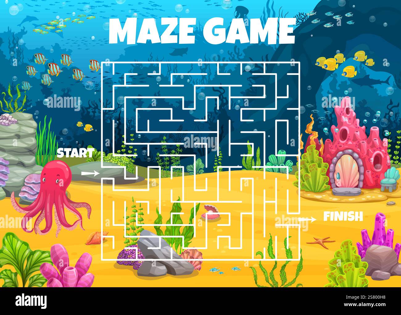 Labyrinth maze game, help to octopus to find his home. Search path puzzle or riddle, labyrinth ...