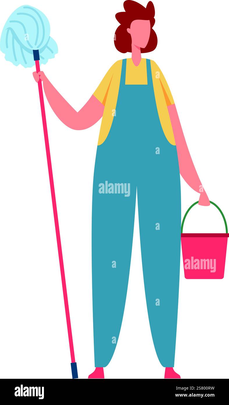 Professional cleaning service worker holding a mop and bucket, dressed ...