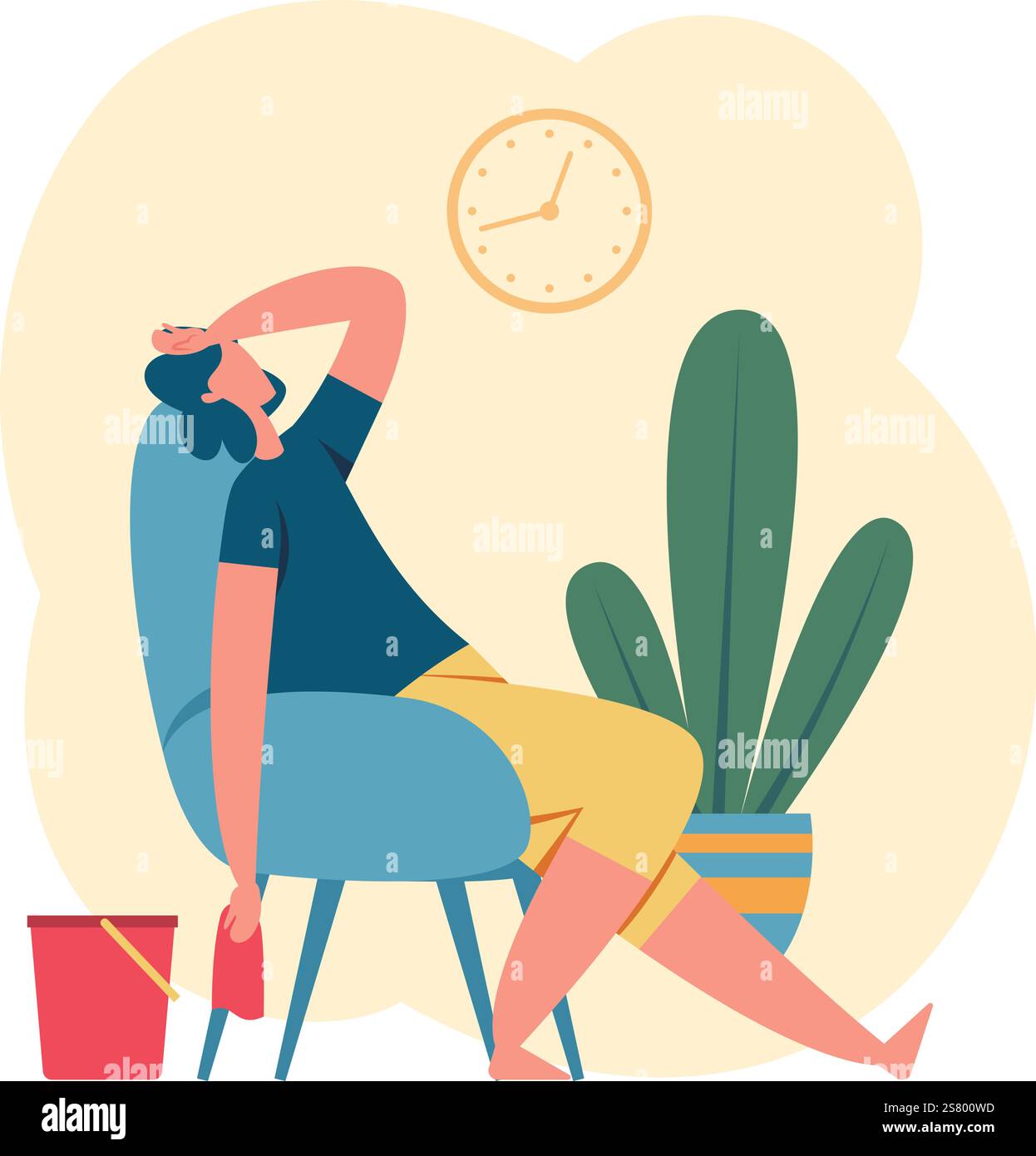 Tired young woman sitting on chair with cleaning cloth and bucket ...