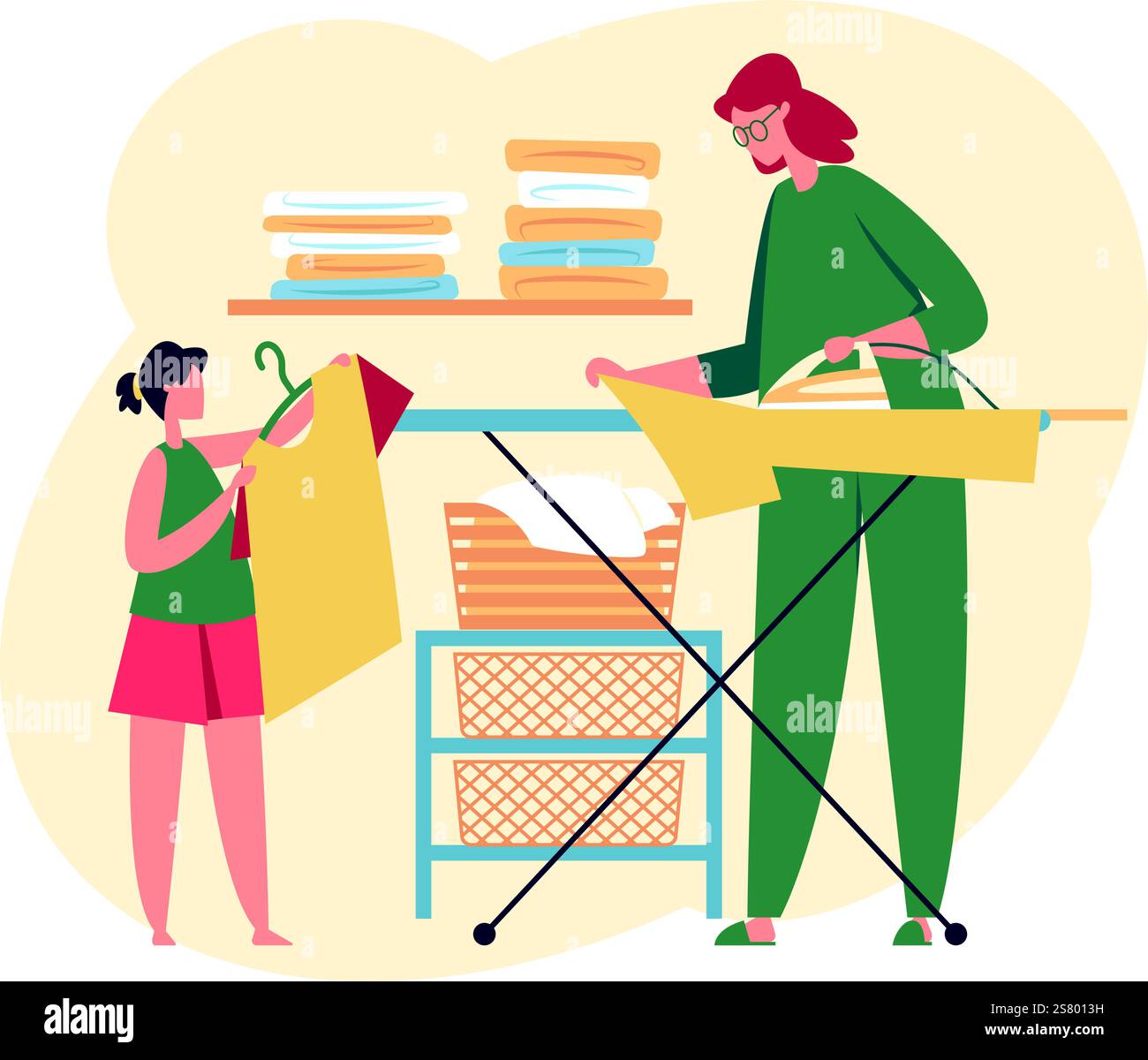 Mother ironing clothes on ironing board and daughter hanging clean ...