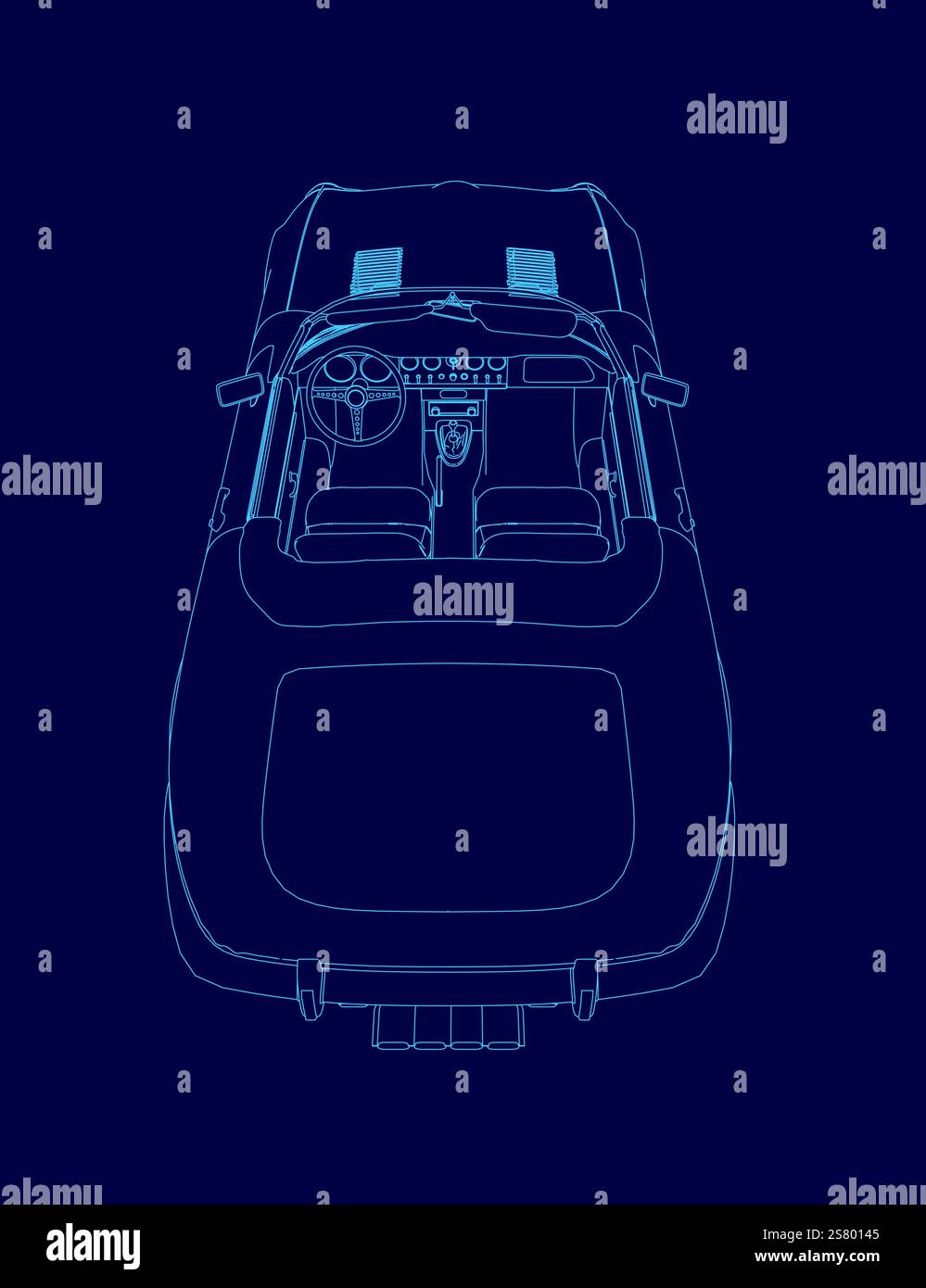 Sleek, blue sports car with a steering wheel and dashboard. The car is ...