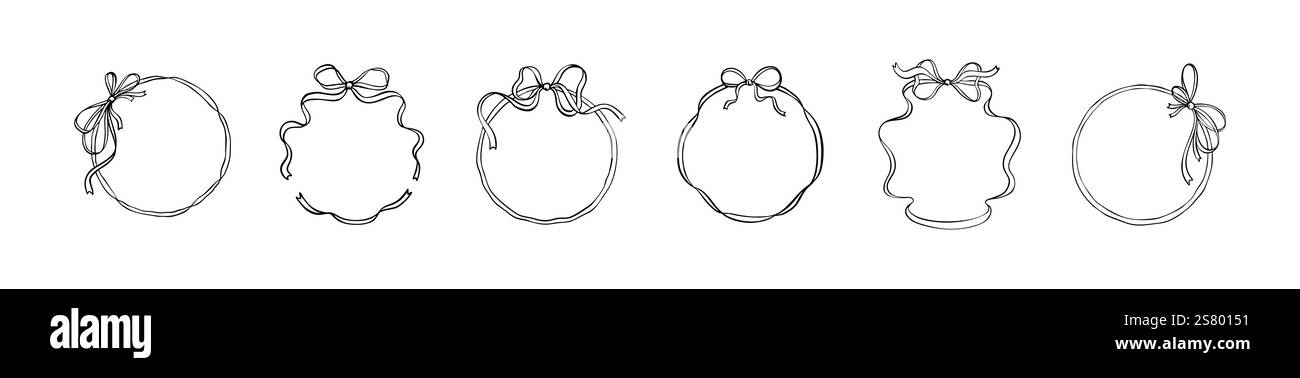 Set of whimsical wavy ribbon circle frames with bows. Cute line doodle ...
