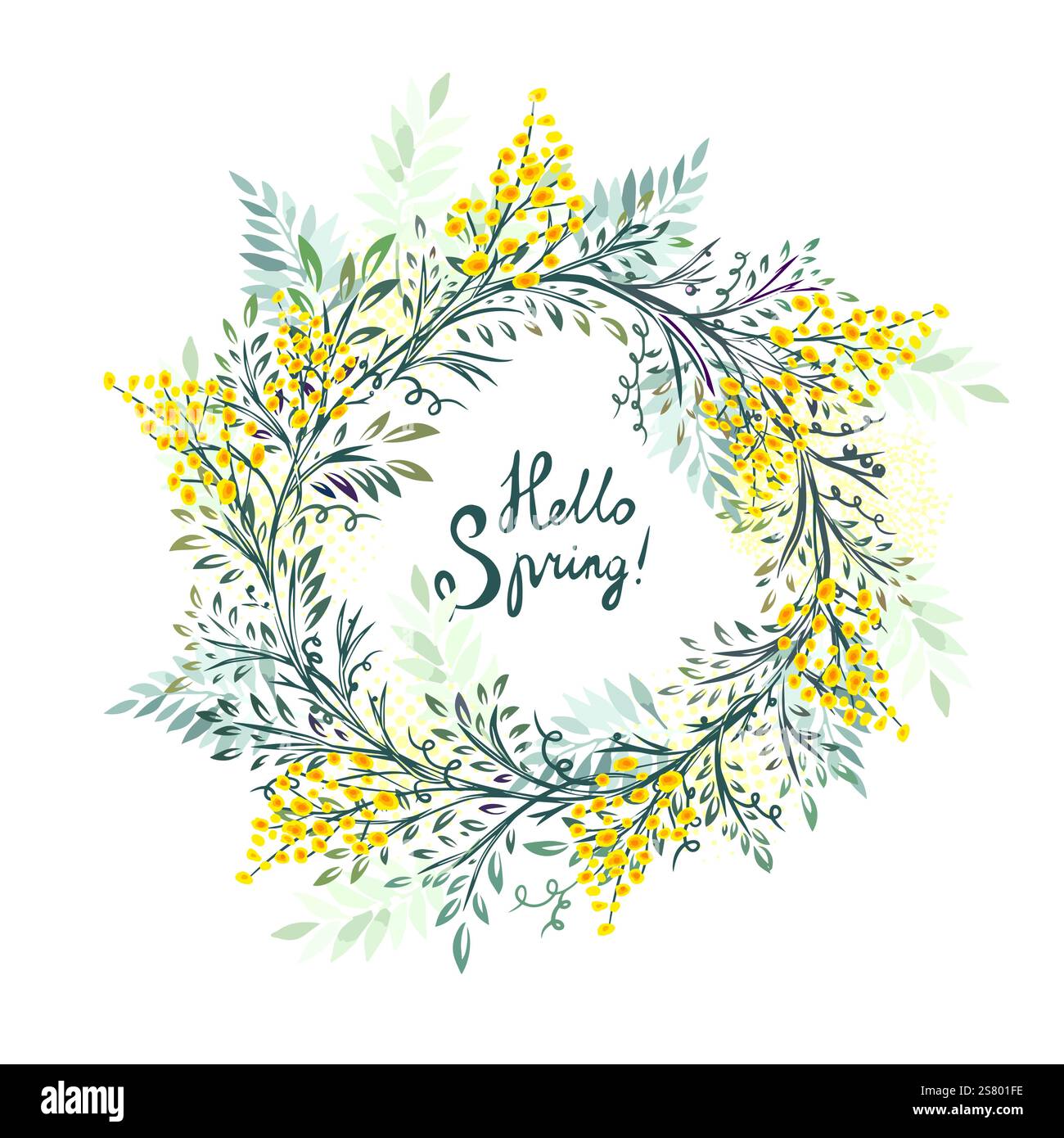Round frame with mimosa. Hello spring hand drawn. Not AI, Vector ...