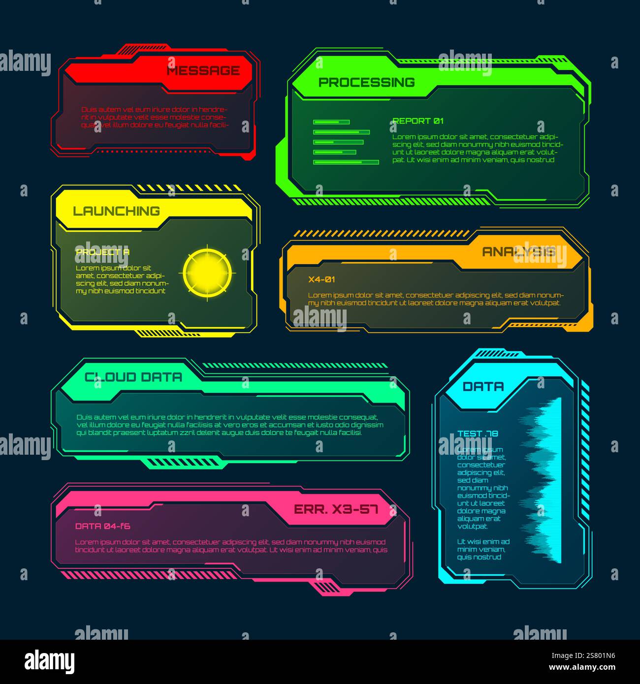 Futuristic HUD or UI elements. Sci-fi user interface text boxes, callouts. Colorful warning ...
