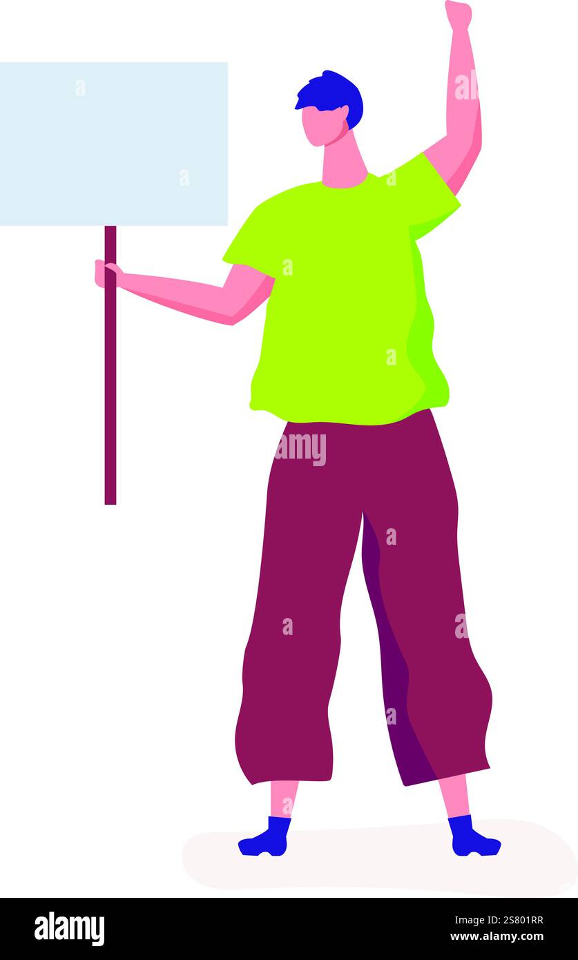 Young man holding blank banner and raising fist, demonstrating for ...