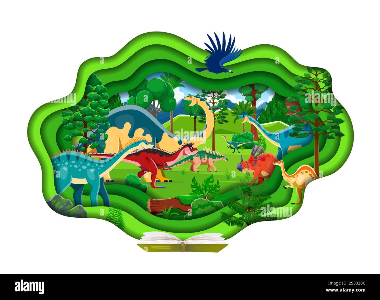 Paper cut prehistoric dinosaurs landscape with opened text book ...