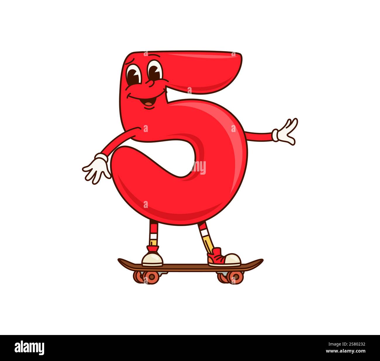 Math number Five groovy character riding skateboard, vector retro ...