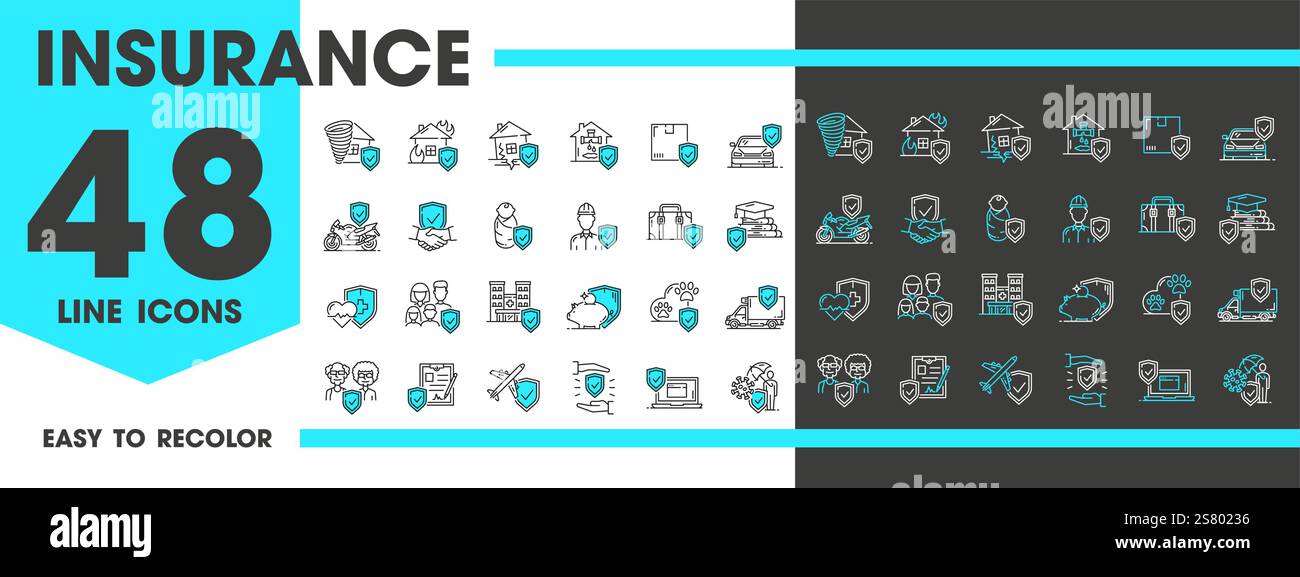 Insurance outline icons. Health and travel, safety and business ...