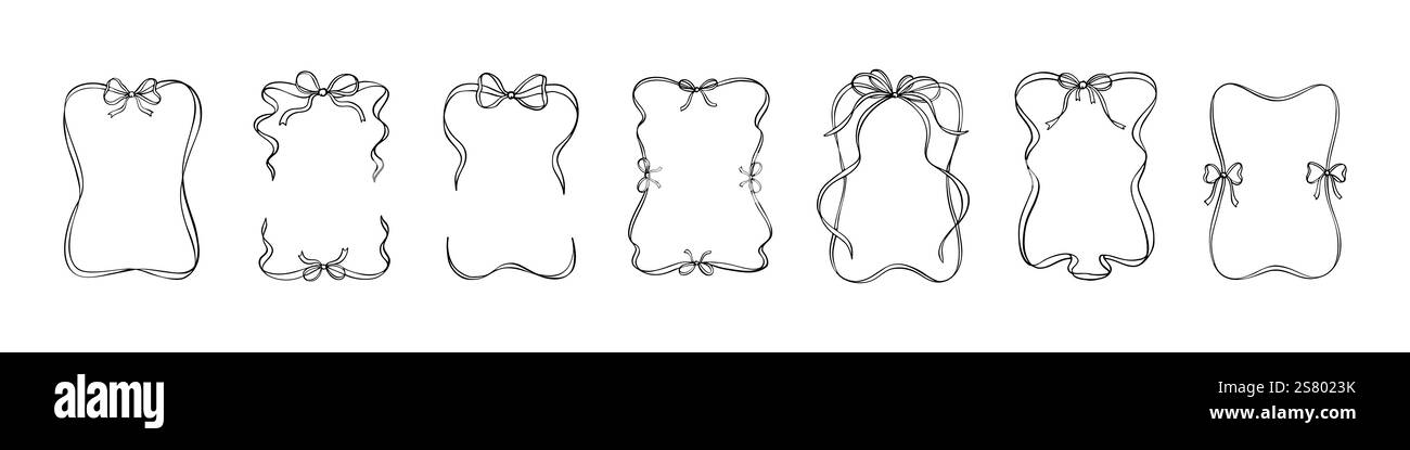Set of aesthetic ribbon scroll rectangle frames. Cute line doodle ...