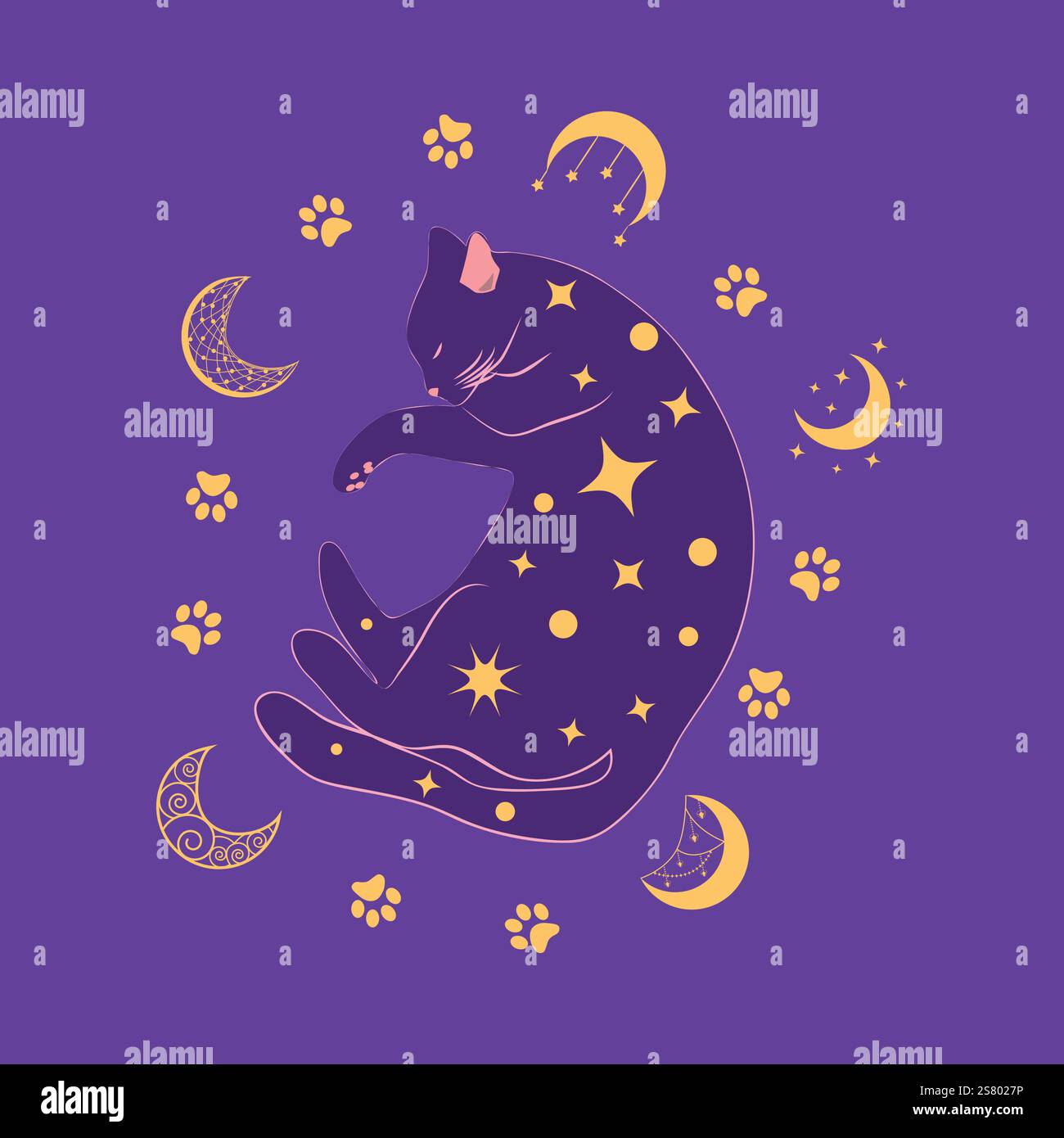 Mystical cat in boho style surrounded by stars, zodiac signs, balls ...