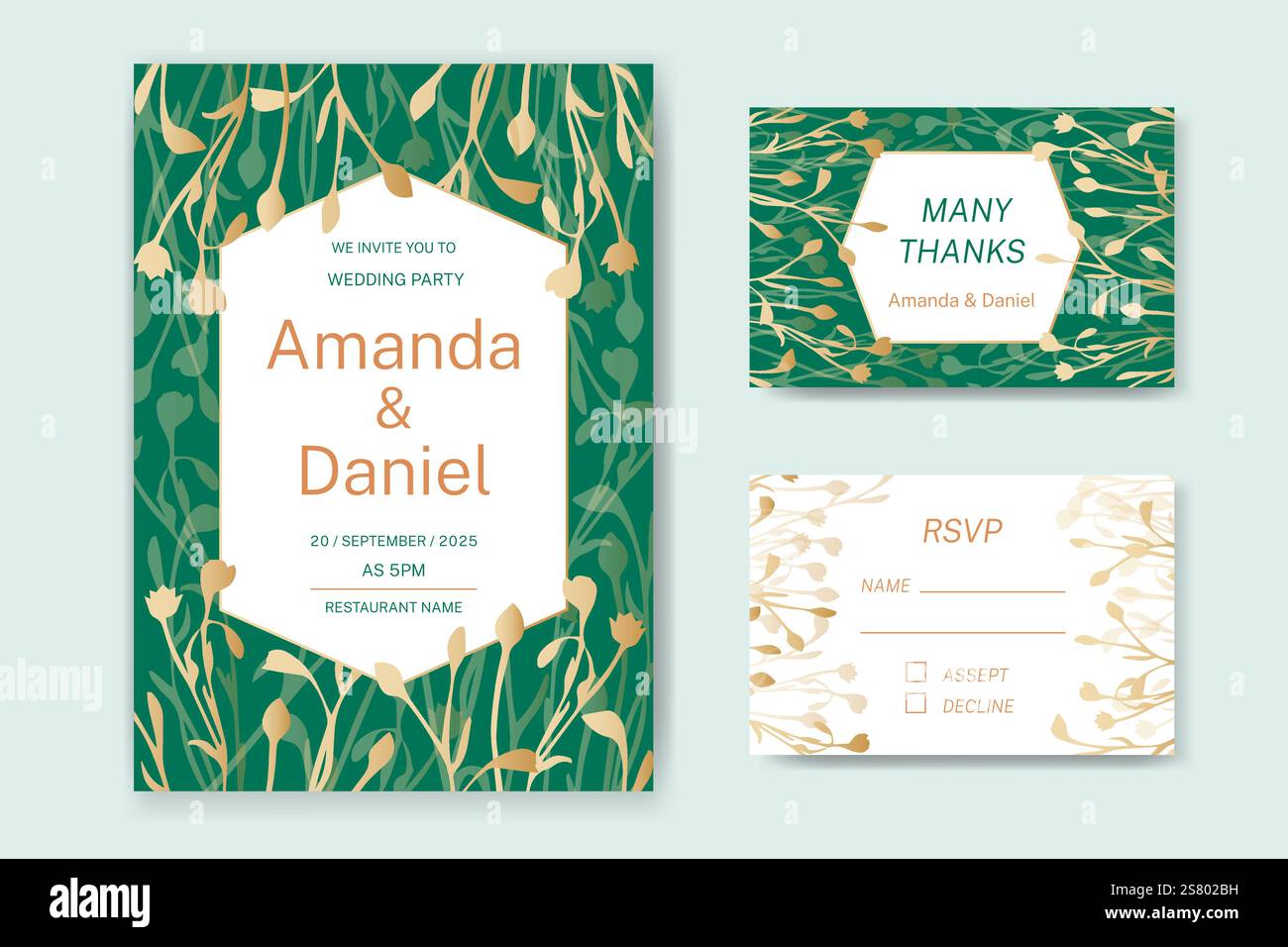 Wedding invitation layouts on a green background with a botanical pattern, flax flowers in gold ...