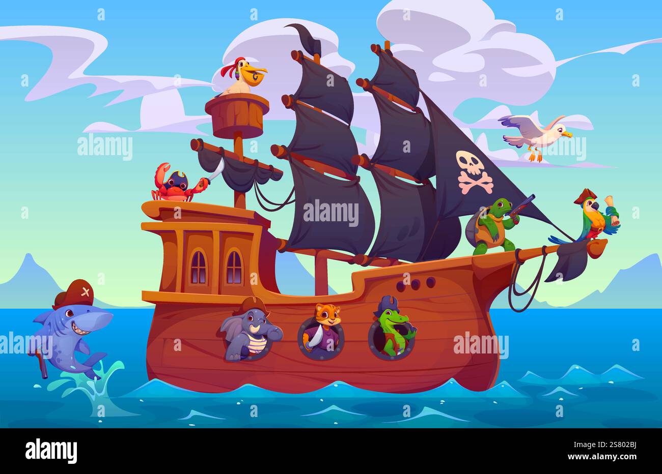 Cartoon sail ship with animal pirates characters. Vector brigantine ...