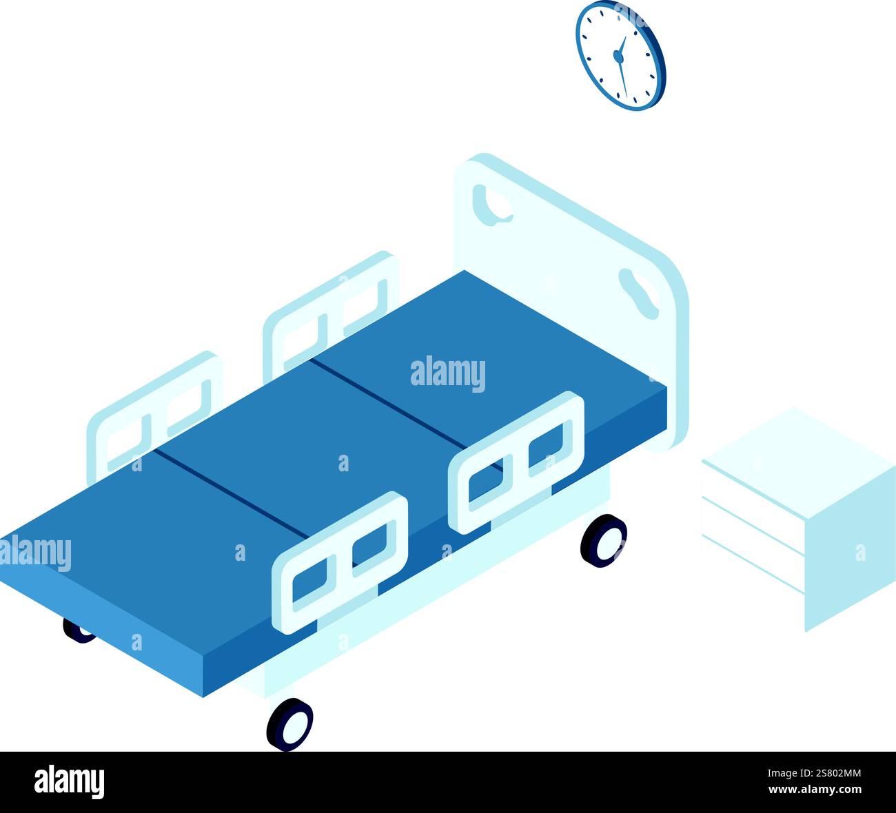 Adjustable empty hospital bed with bedside table and clock on white ...