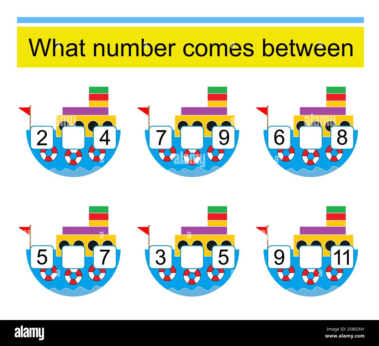 What number comes between? Math worksheets for children. Vector ...