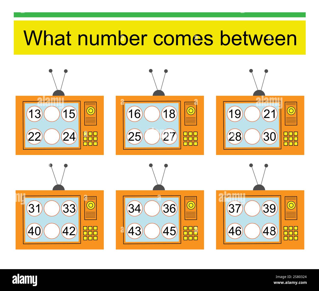 What number comes between? Math worksheets for children. Vector ...