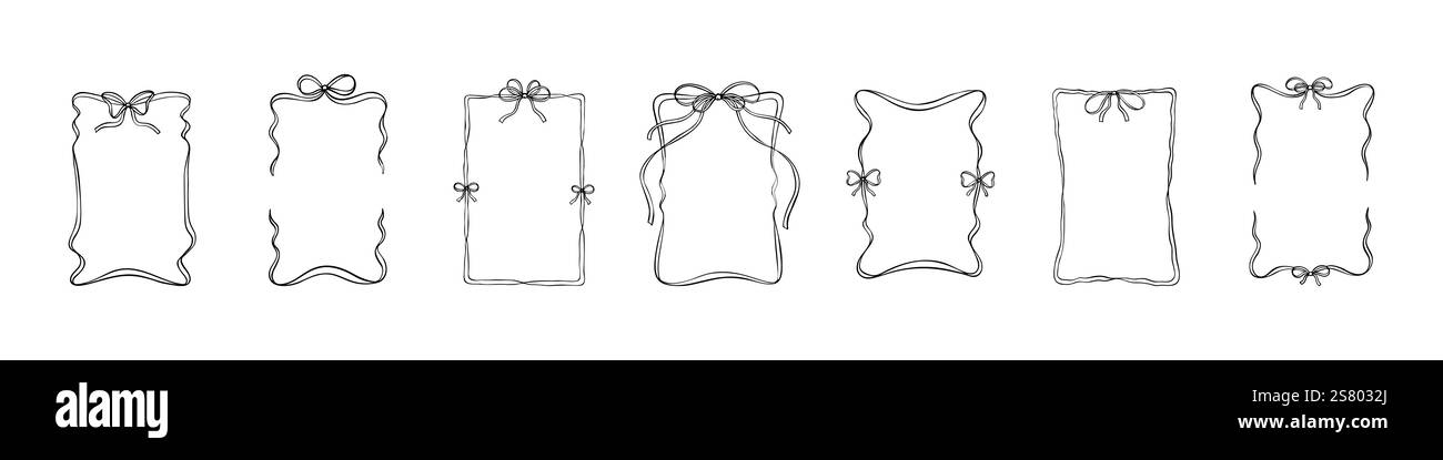 Set of rectangular vertical scroll ribbon frames with cute bows. Menu ...