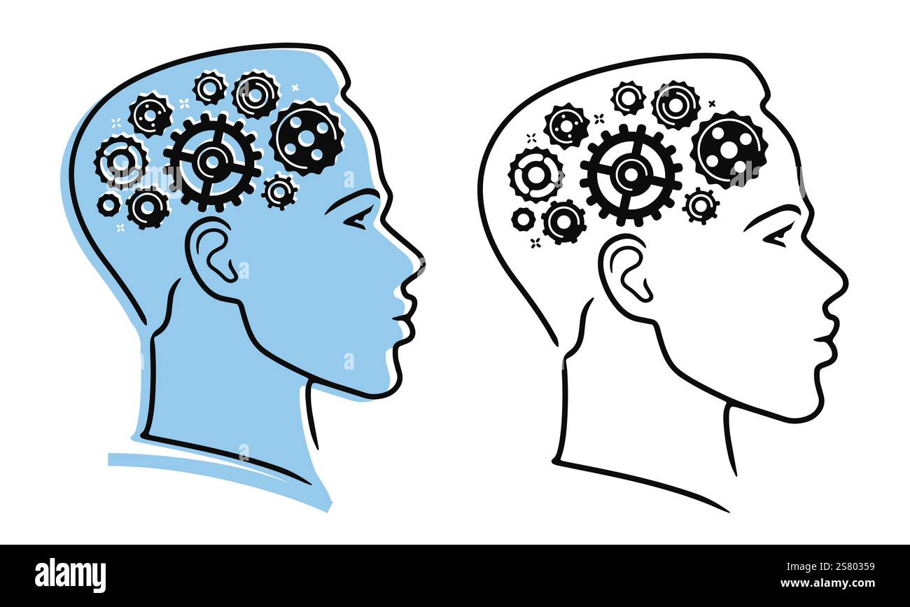 Thinking brain in process, mind. Human head with gears and cogwheels ...