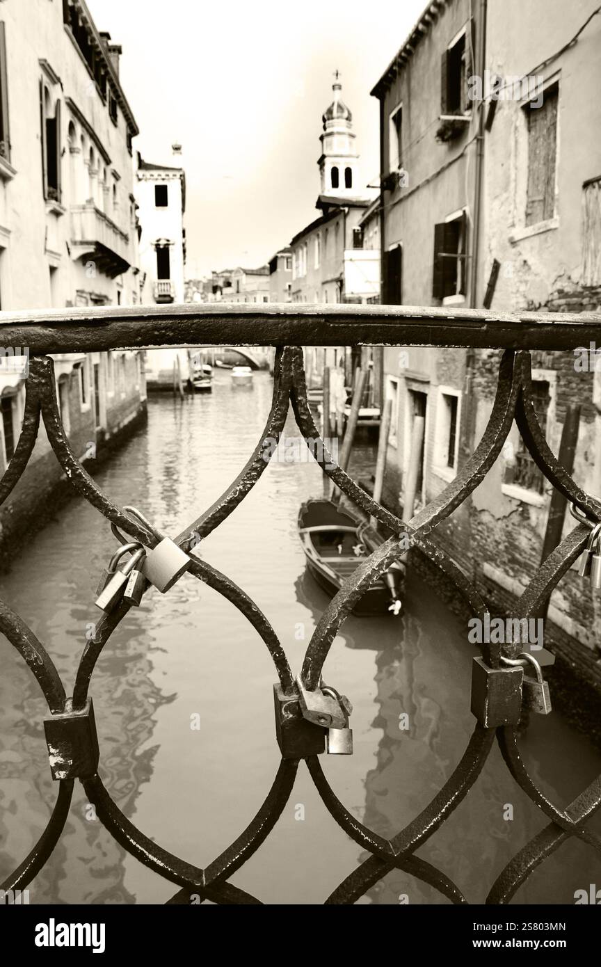 Romantic Venice. Love locks attached to bridge in Venice, Italy. Sepia ...