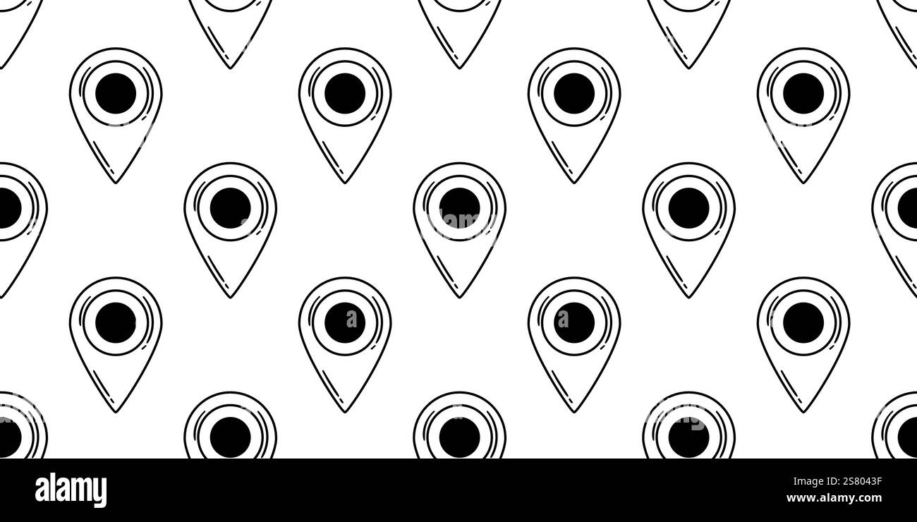 A seamless black-and-white pattern featuring hand-drawn location pins, perfect for navigation ...