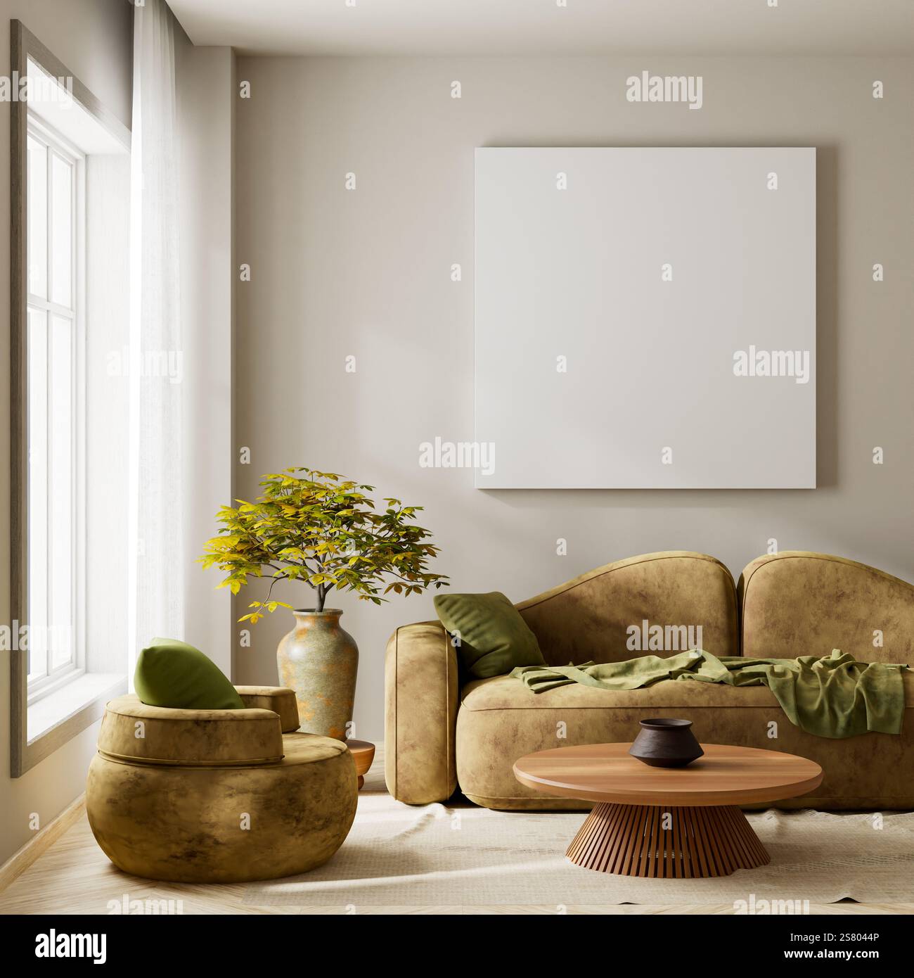 living room interior mock up with modern furnitures. Poster frame mock ...