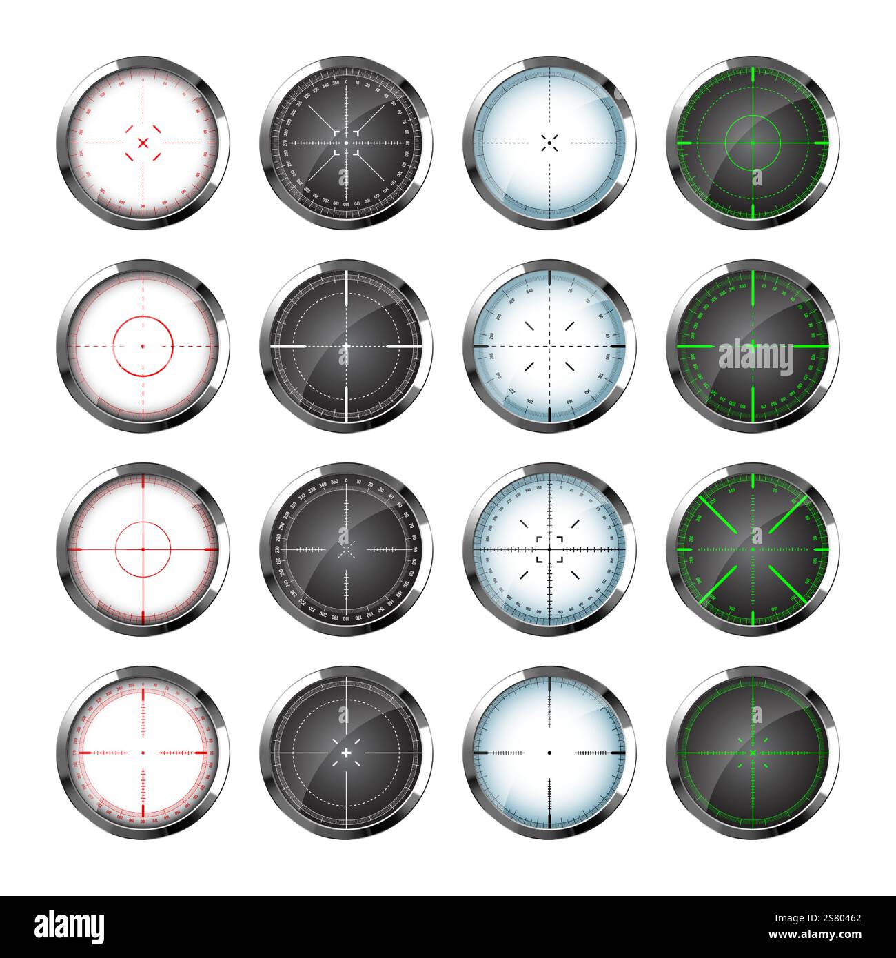 Chrome weapon sights, sniper rifle optical scopes. Hunting gun ...