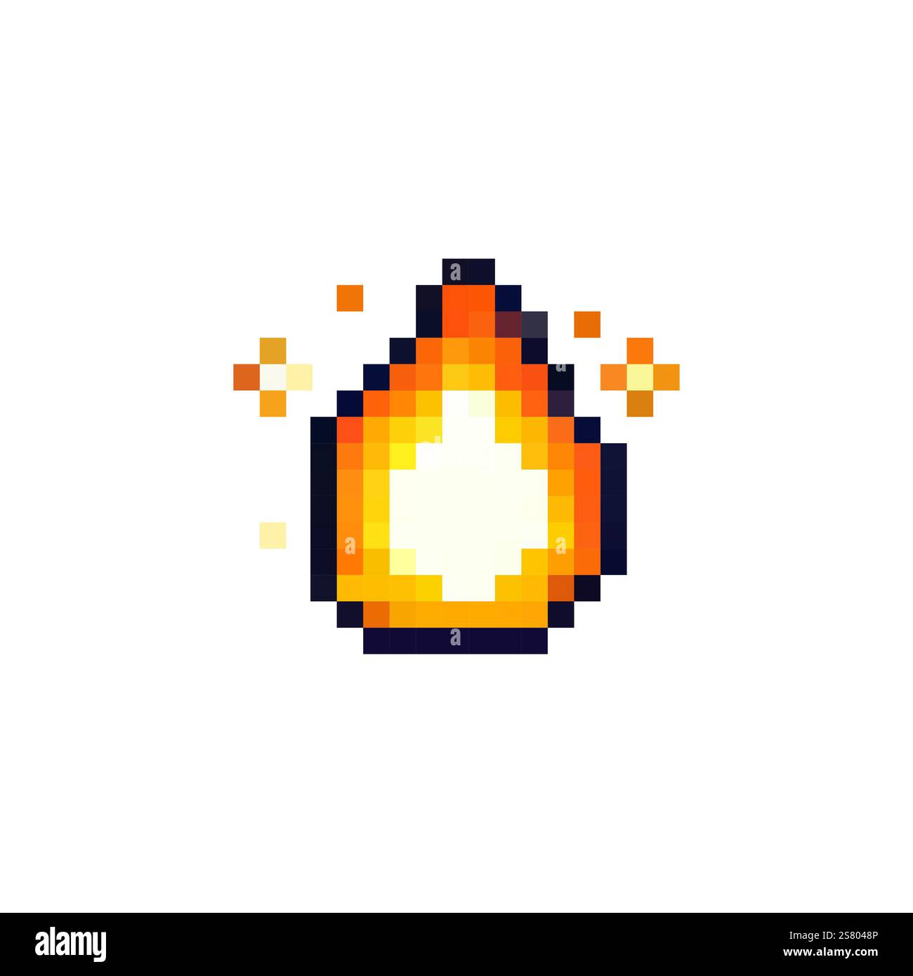 Vector icon of flame on fireplace in pixel style. Bonfire in 8 bit ...