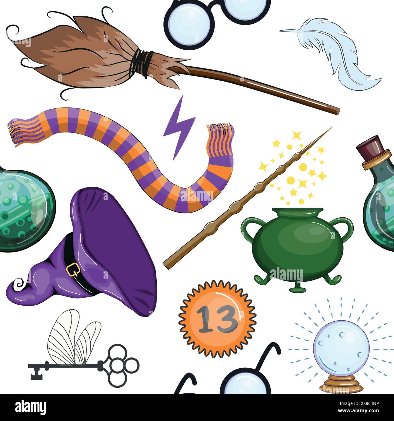Magic items seamless pattern in cartoon bright style. Witchcraft and ...