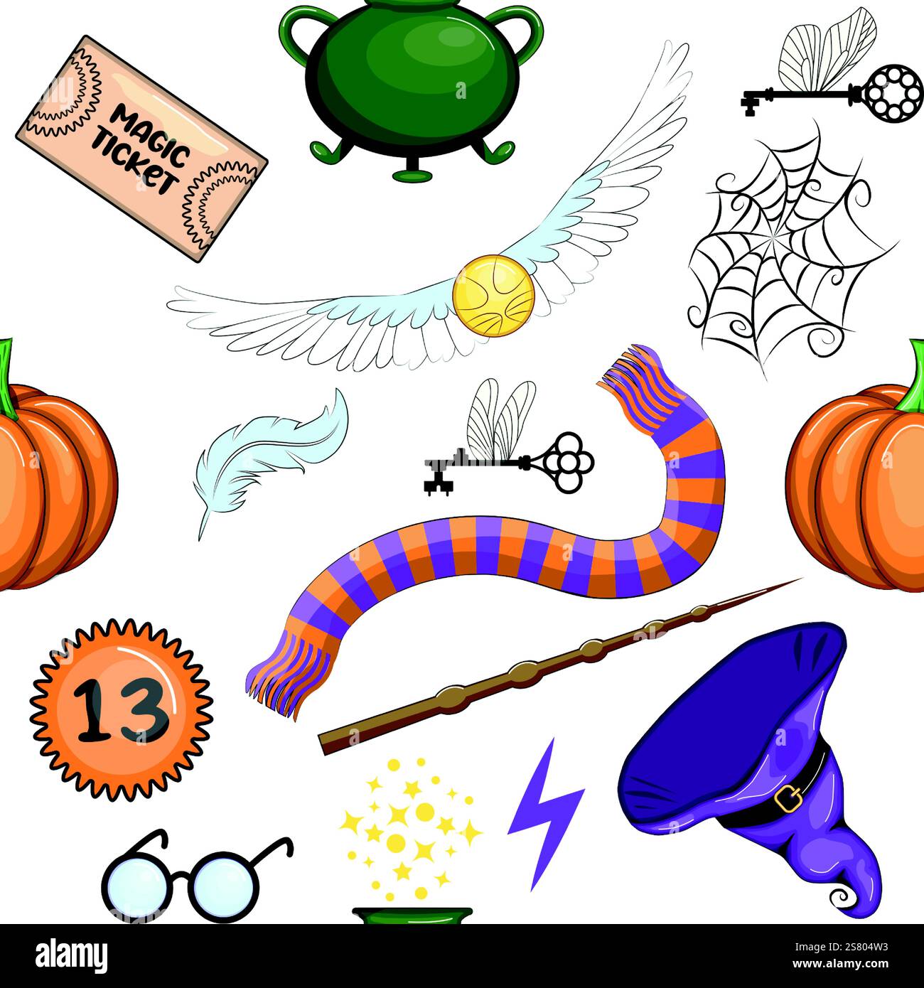 Magic items seamless pattern in cartoon bright style. Witchcraft and ...