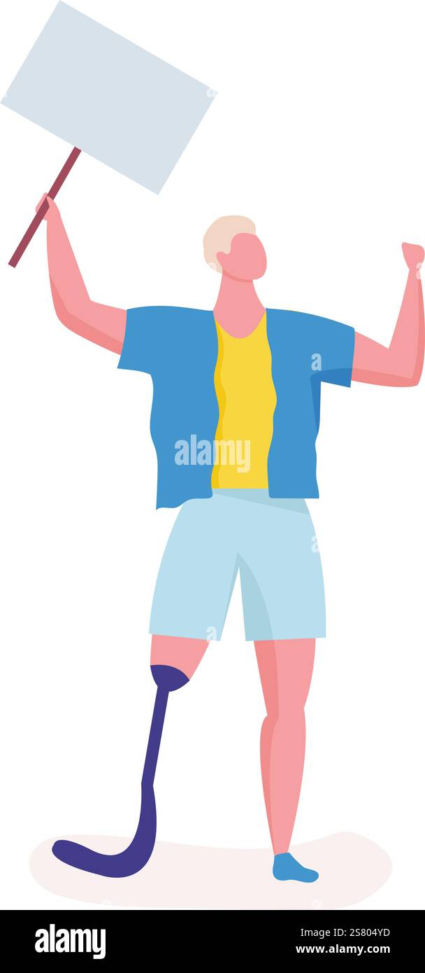 Young man with prosthetic leg holding blank placard and raising fist up ...