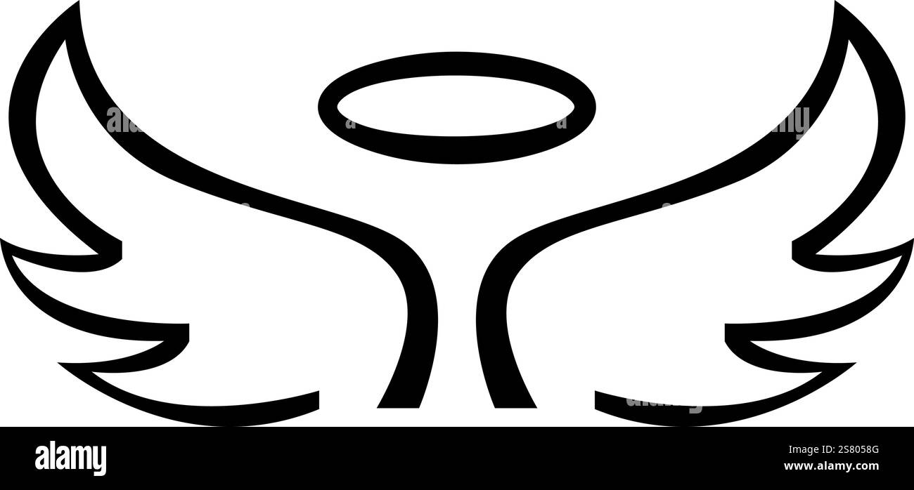 Simple black and white drawing of angel wings rising, with halo ...