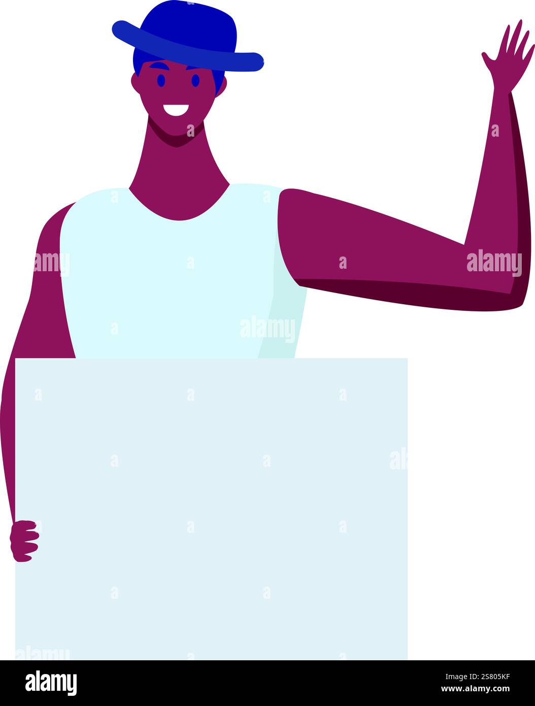 Young man wearing a hat, waving hand enthusiastically while holding a ...