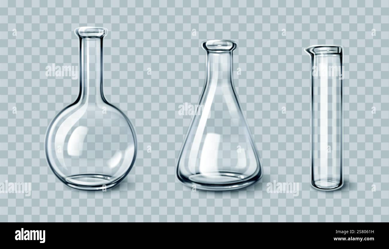 Chemistry laboratory 3d glassware - round bottom flask, conical beaker ...