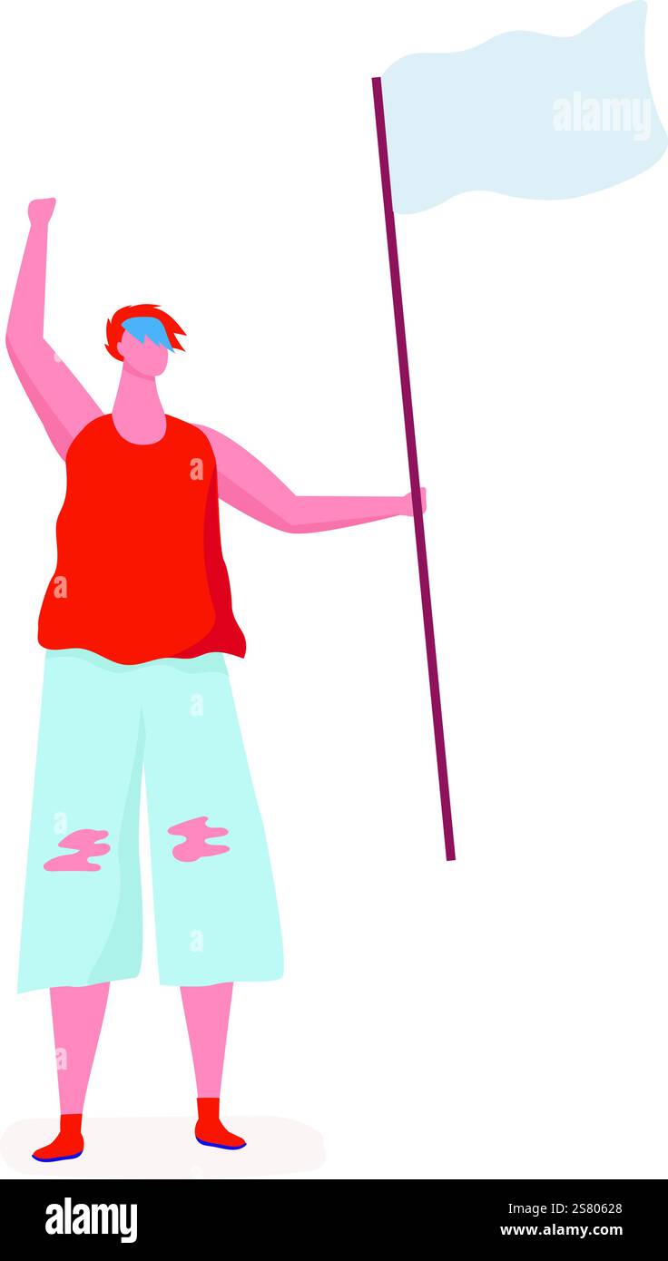 Young activist with raised fist holding white flag, participating in ...