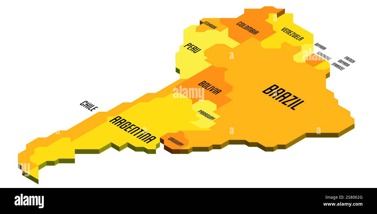 Isometric political map of South America. Colorful land with country ...