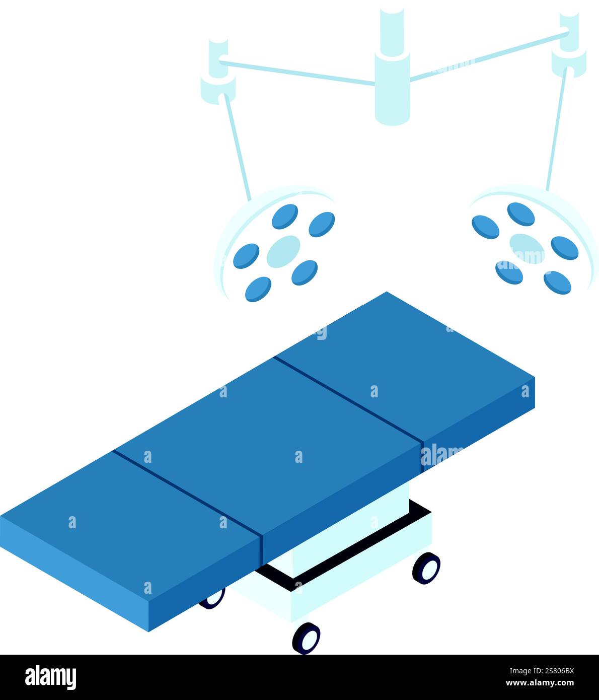 Modern operating table and surgical lights illuminating operating room ...