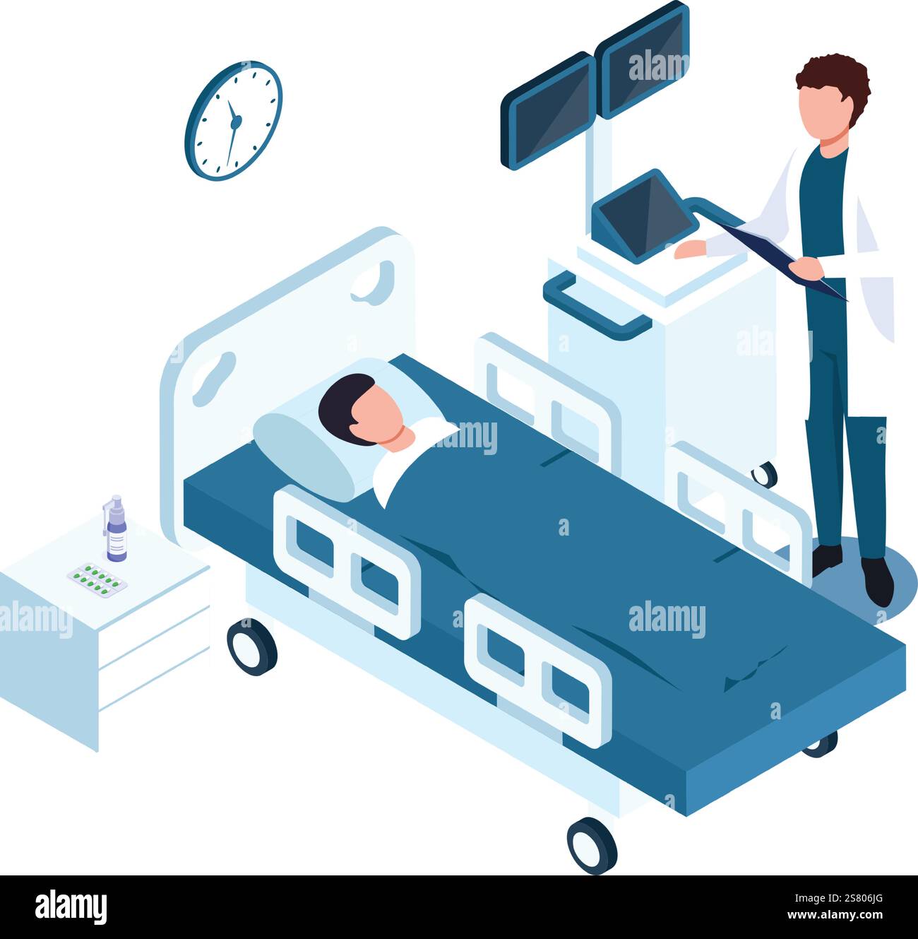 Doctor using medical equipment while patient lying in bed, healthcare professional monitoring ...