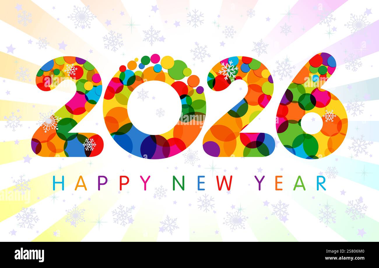 Happy New Year 2026 greeting card design. Cute festive background, numbers 2 0 2 6 with ...