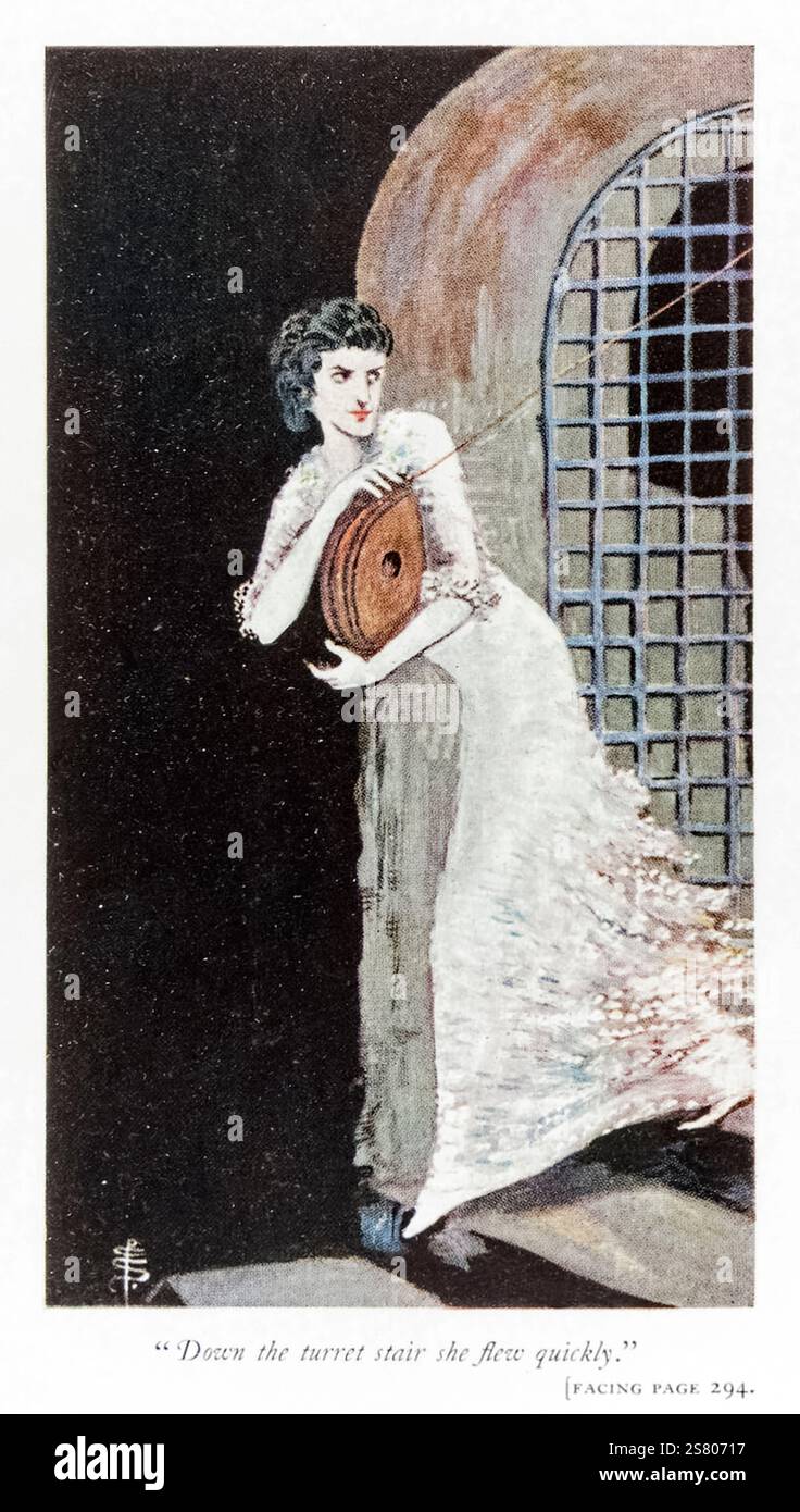 "Down the turret stair she flew quickly" frontispiece from The Lair of ...