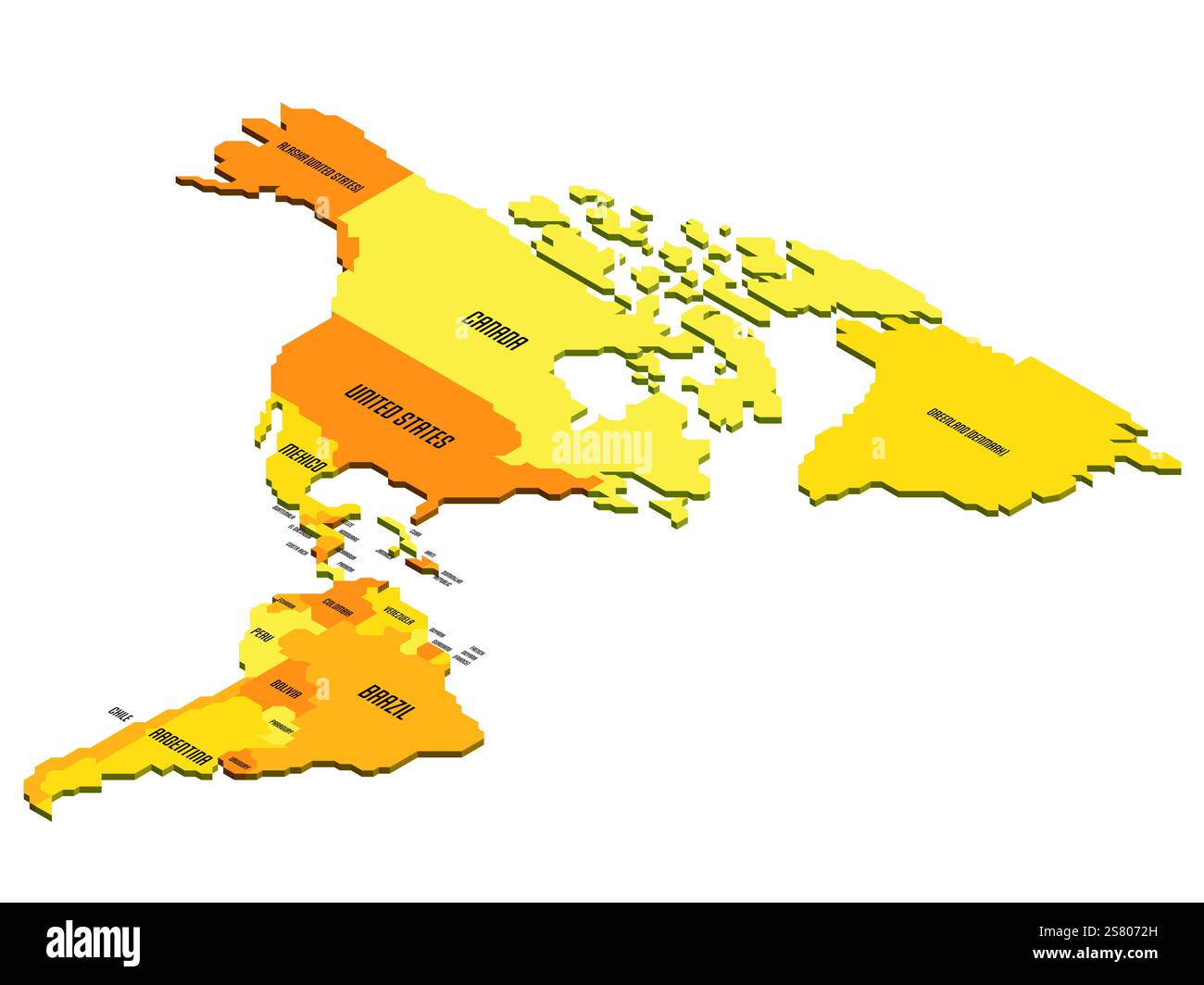 Isometric political map of Americas. Colorful land with country name ...