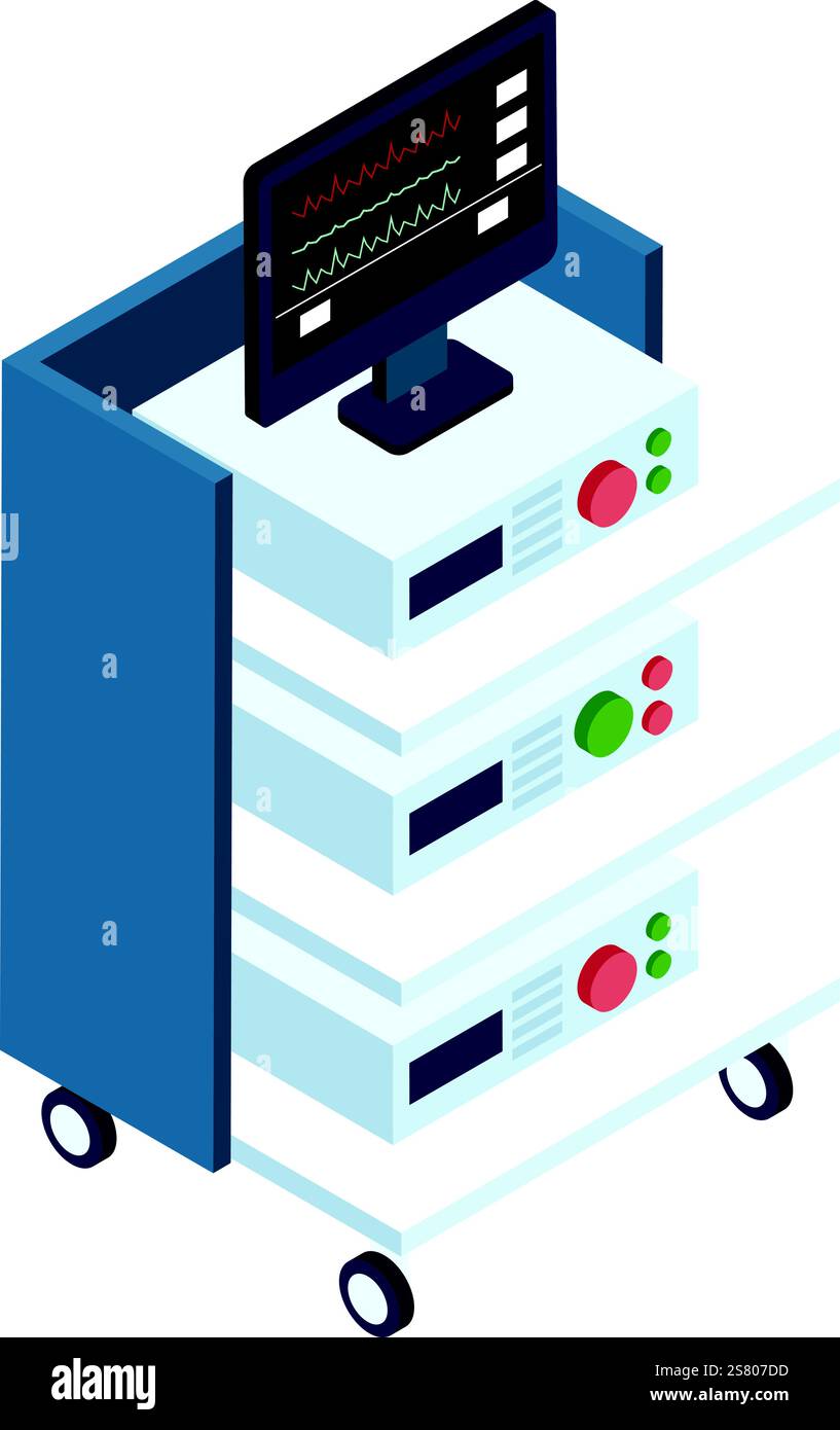 Medical cart with electronic devices and monitor displaying vital signs ...