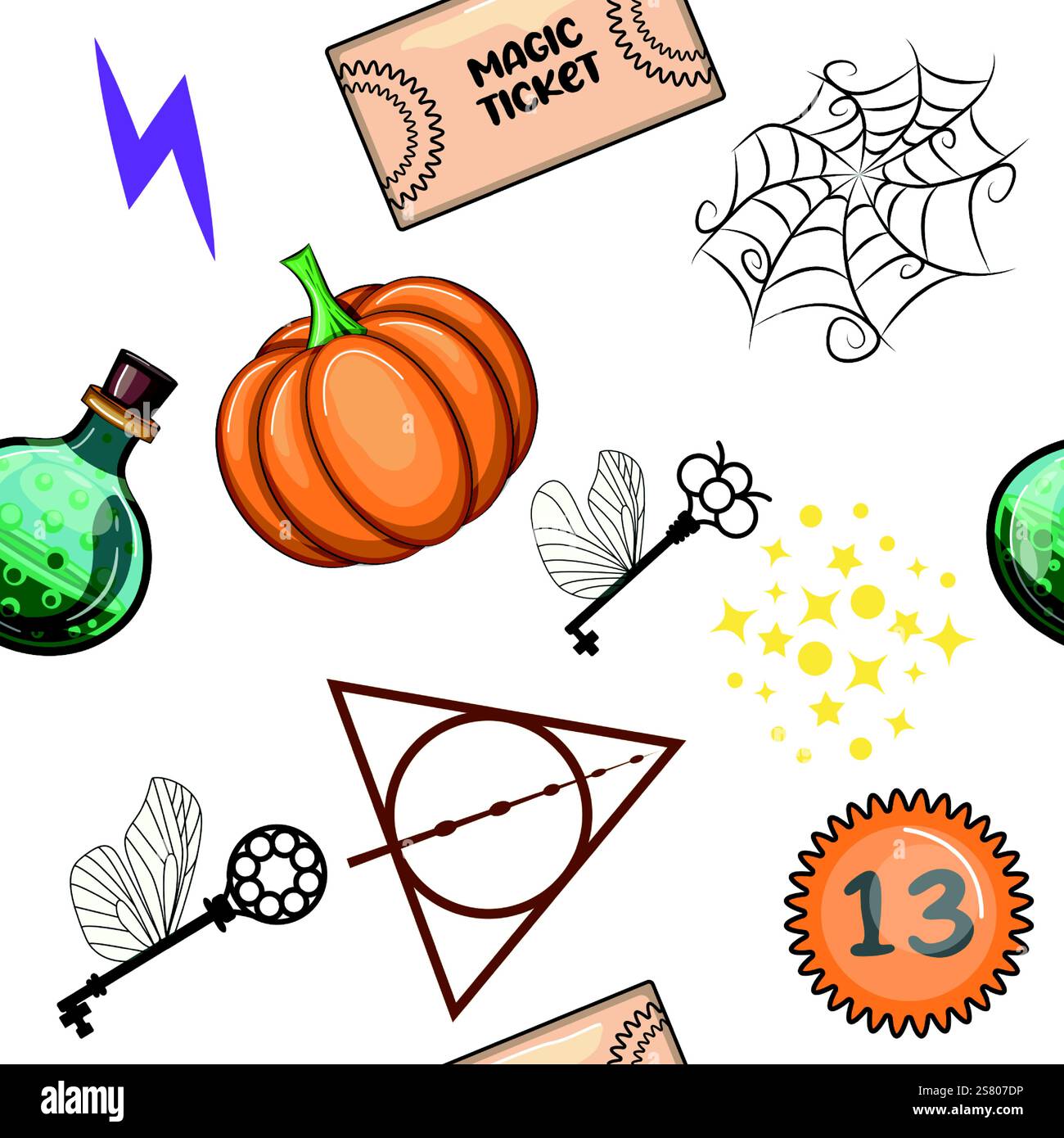 Magic items seamless pattern in cartoon bright style. Witchcraft and ...