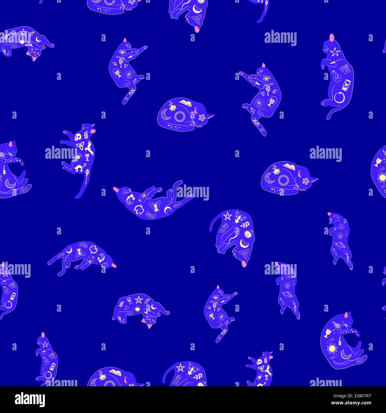 Mystical seamless pattern of cats in boho style, silhouette collection ...