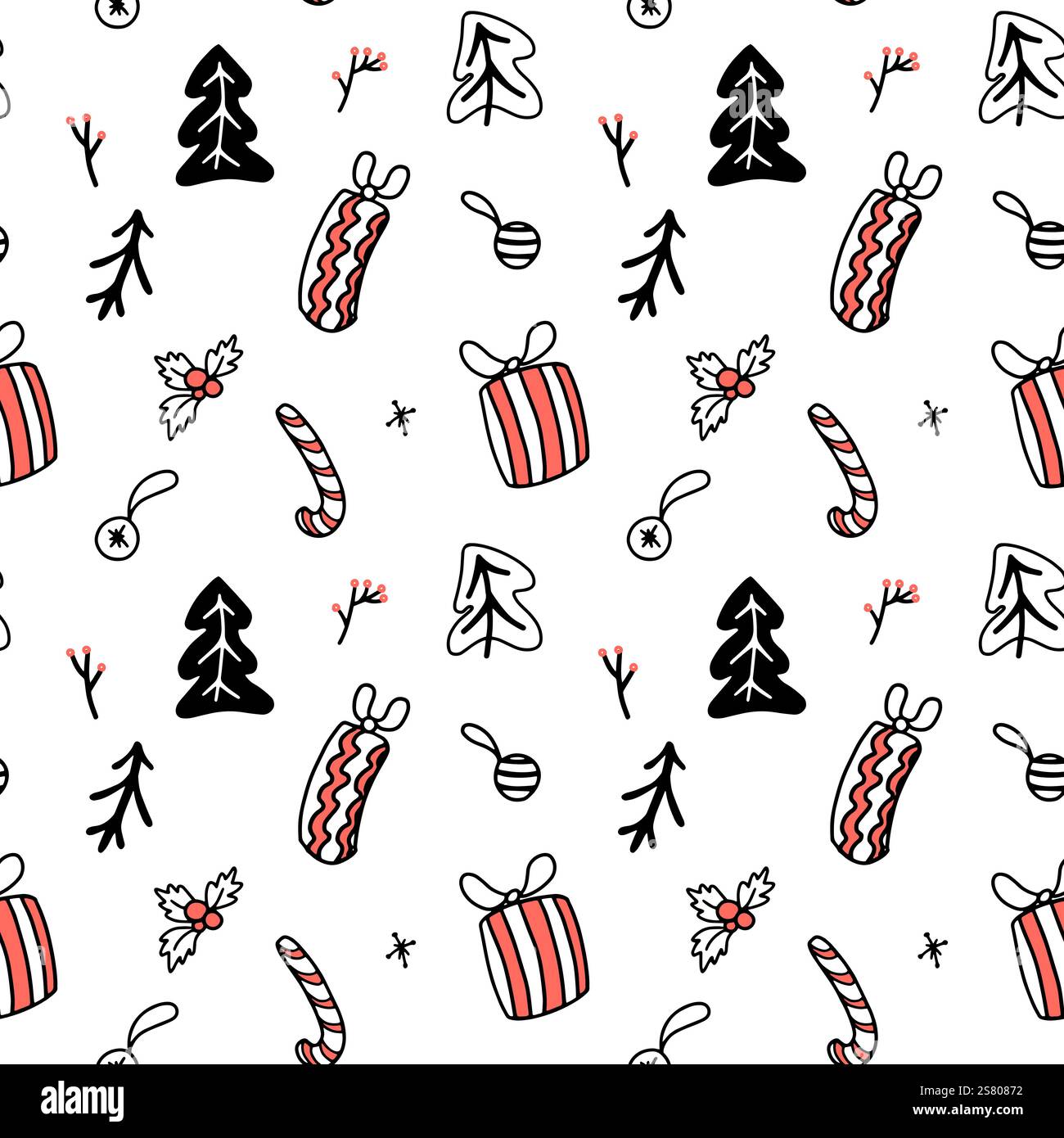 Christmas hand drawn seamless pattern in doodle style. Red and black ...